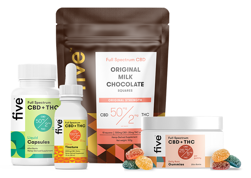 Five CBD - Full Spectrum CBD + THC Oil, Capsules & Gummies